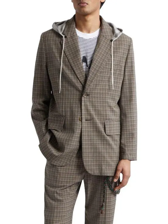 SONG FOR THE MUTE Square Glen Plaid Single-breasted Blazer With Drawstring Hood - Brown