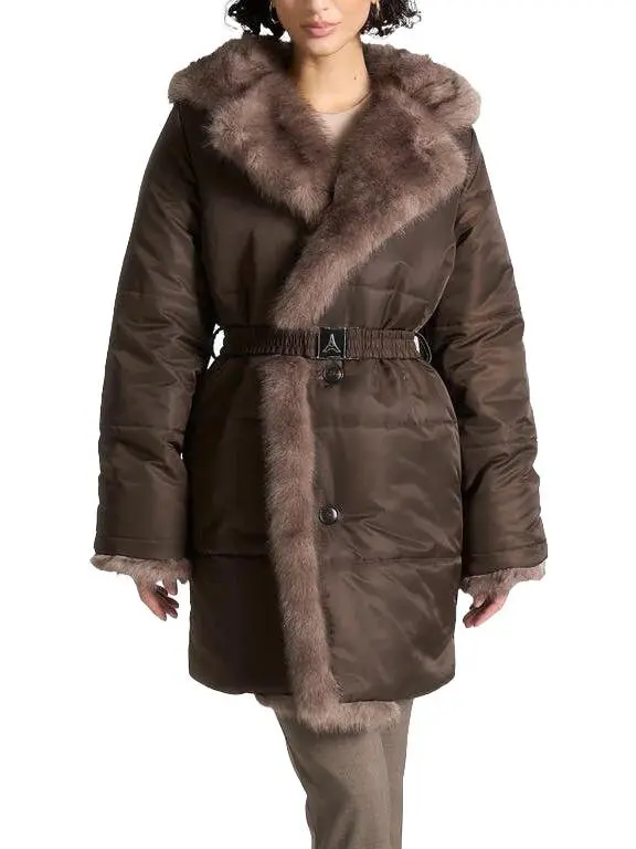 Manière De Voir Longline Puffer Coat With Faux Fur Trims And Belt - Brown