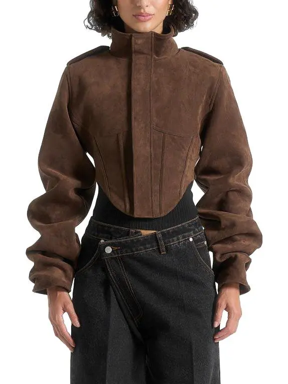 Manière De Voir Suede Corset Jacket With Tacked Sleeves - Brown