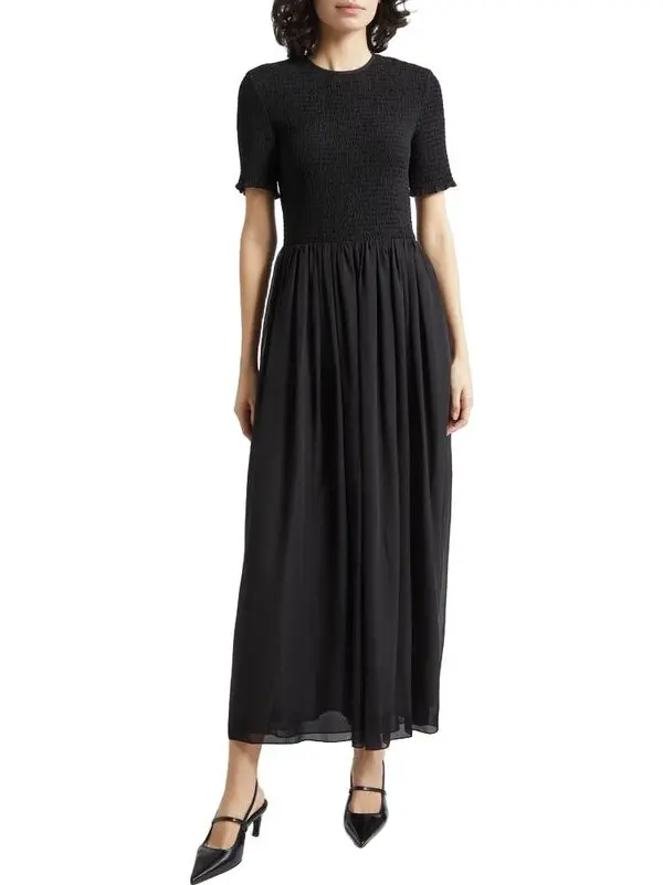 Giorgio Armani Techno Smocked Bodice Georgette Maxi Dress - Solid Black