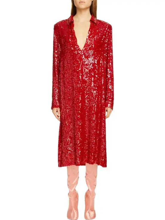 Dries Van Noten Della Sequin Long Sleeve Shirtdress - 352 Red