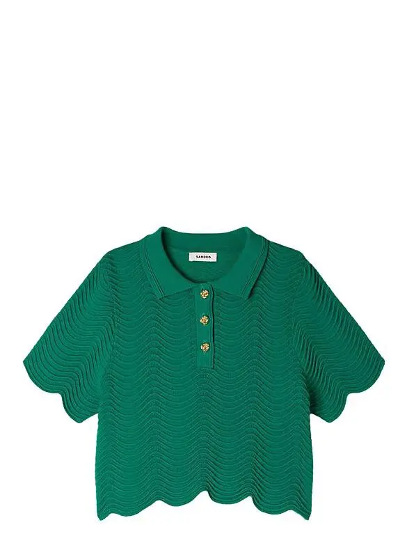 Sandro Scalloped-trim Cropped Stretch-knit Polo Shirt - Emeuraude Green