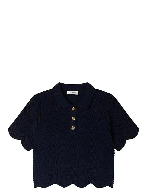 Sandro Scalloped-trim Cropped Polo Shirt - Navy Blue