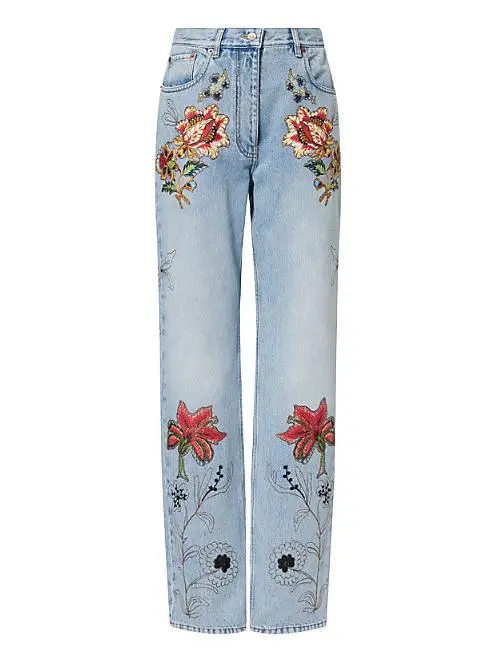 Valentino Garavani Floral-embroidered Straight Denim Jeans - Denim Blu Lav Chiaro