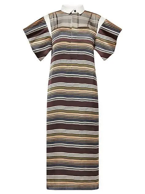 Sacai Horizontal Stripe Woven Shirt Dress - Brown Beige