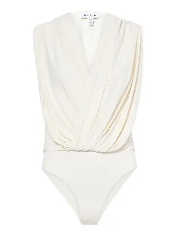 Alaïa Hooded Draped Woven Bodysuit - Panna Cotta