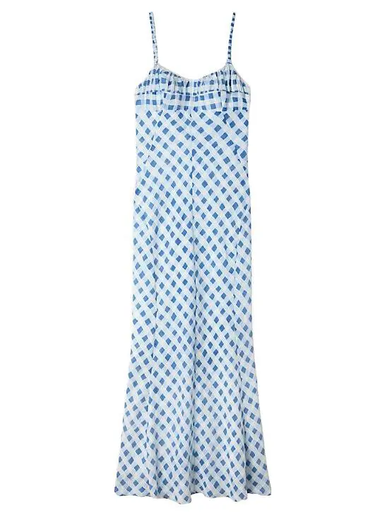 Sandro Checked Ruched Linen-blend Maxi Dress - Blu / White