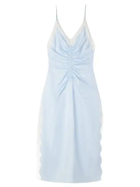 Sandro V-neck Lace-trim Satin Midi Dress - Sky Blue