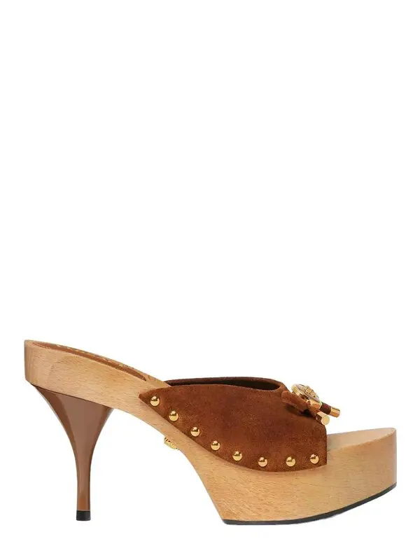 Versace Opera Bow Suede Clog Sandals - Brown