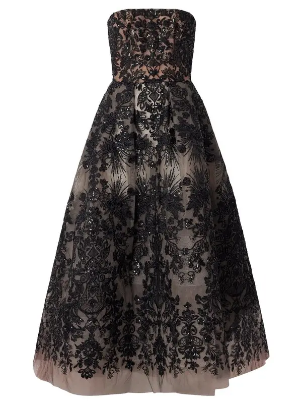 Elie Saab Strapless Sequin-embellished Embroidered Tulle Midi Dress - Black