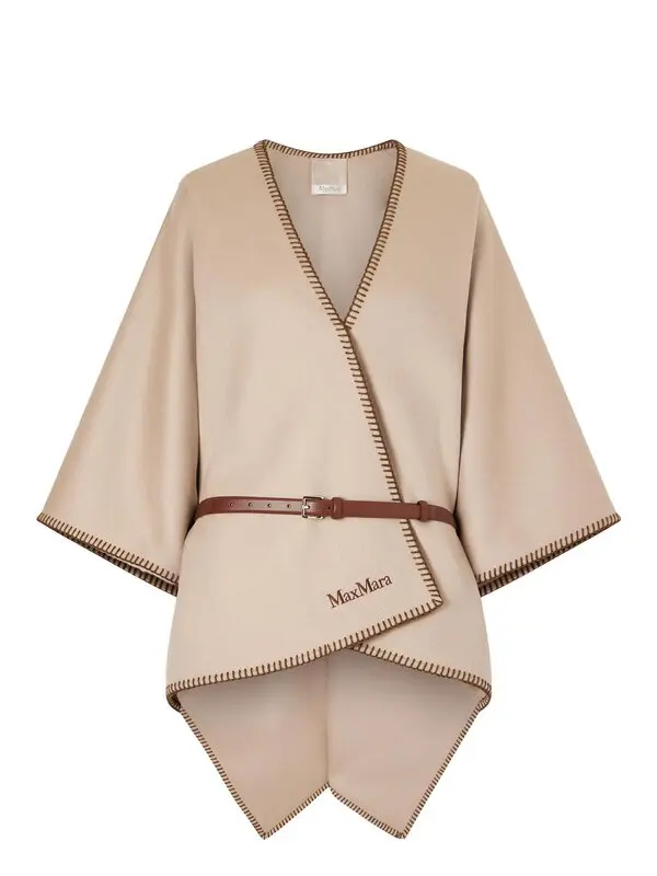 Max Mara Belted Whipstitched Embroidered Wool Cape - Neutrals