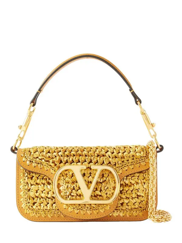 Valentino Garavani Vlogo Embellished Raffia Shoulder Bag - Gold