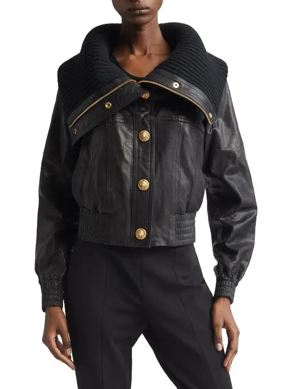 Balmain Lambskin Leather Bomber Jacket With Knit Collar - 0pa Black