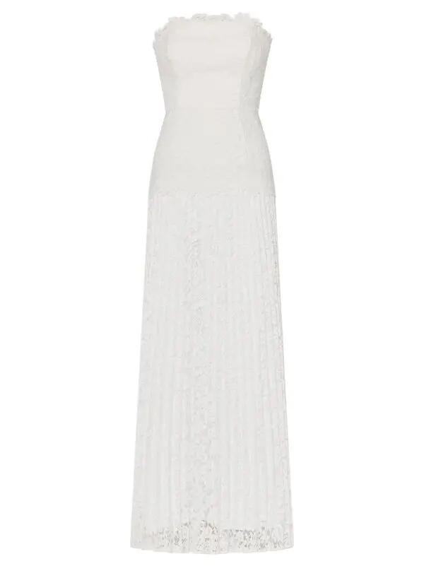 MILLY Norelle Strapless Mixed Laces Pleated Maxi Dress - White