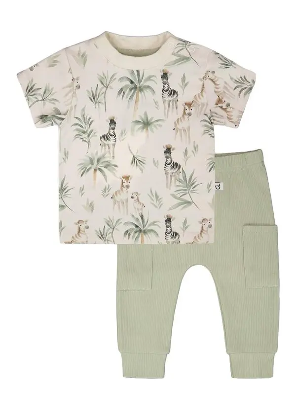 DEUX PAR DEUX Organic Cotton Jersey T-shirt And Cotton Rib Zebra Print Pants Set - Beige Zebra Print & Sage Green