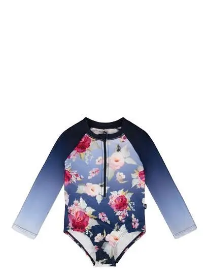 DEUX PAR DEUX One-piece Long Sleeve Rashguard - Blue With Roses Print