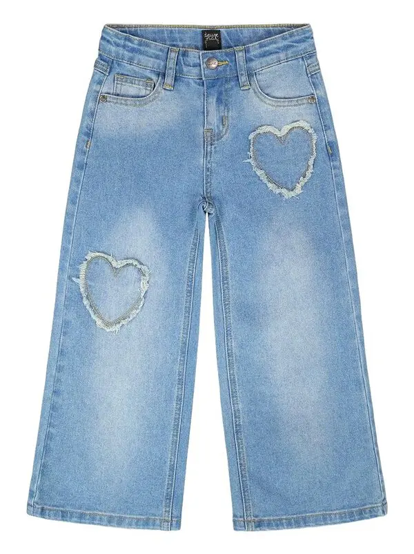 DEUX PAR DEUX Wide Leg Denim Jeans With Heart Embroidery - Light Blue Denim
