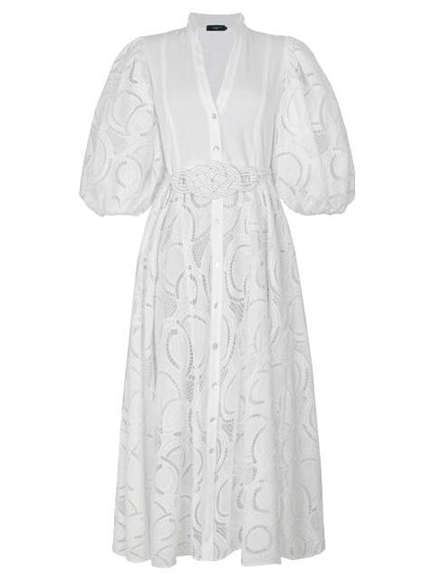 NO PISE LA GRAMA Bromelia Midi Dress With Puff Sleeves And Tie Waist - White Eyelet