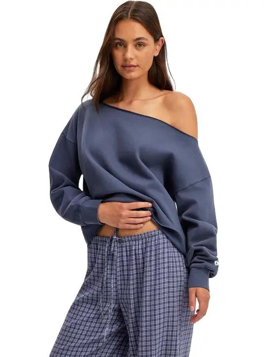Cotton:on Off The Shoulder Fleece Jumper - Steely Blue Wash