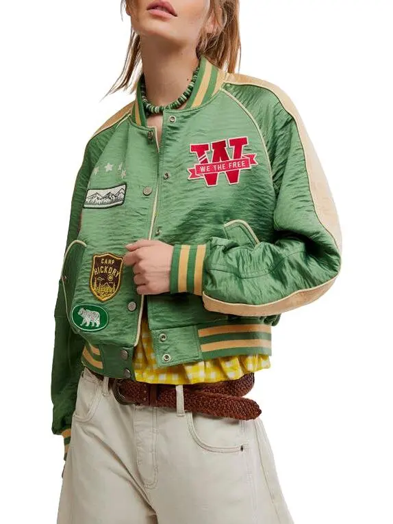Free People Star Power Souvenir Bomber Jacket - Vintage Green Combo