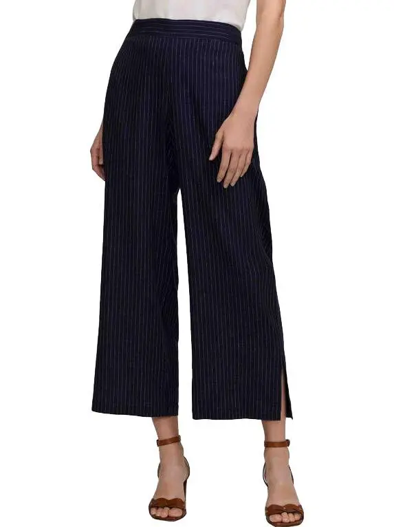 Foxcroft Jenna Pinstripe Wide Leg Crop Linen Blend Pants - Navy Blue/white