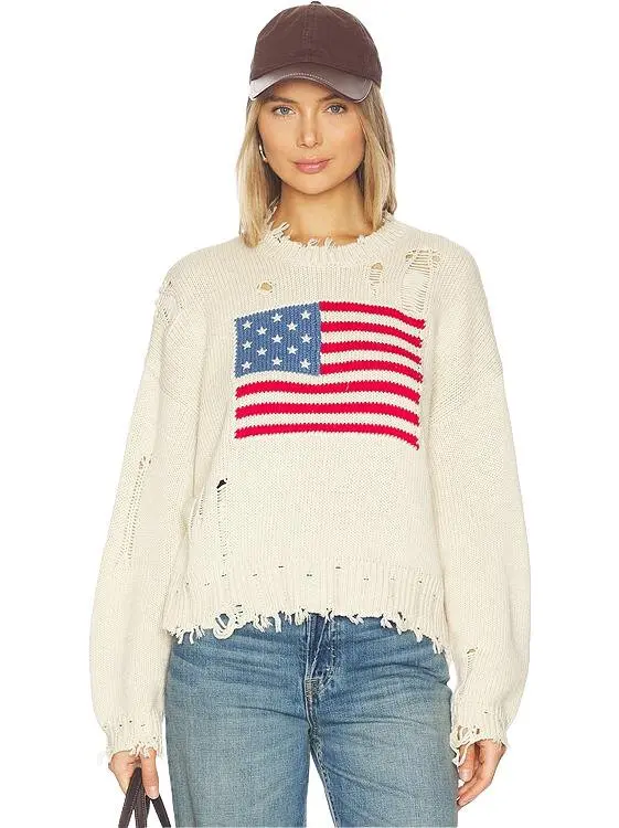 Denimist Oversized Cropped American Flag Sweater - Oatmeal