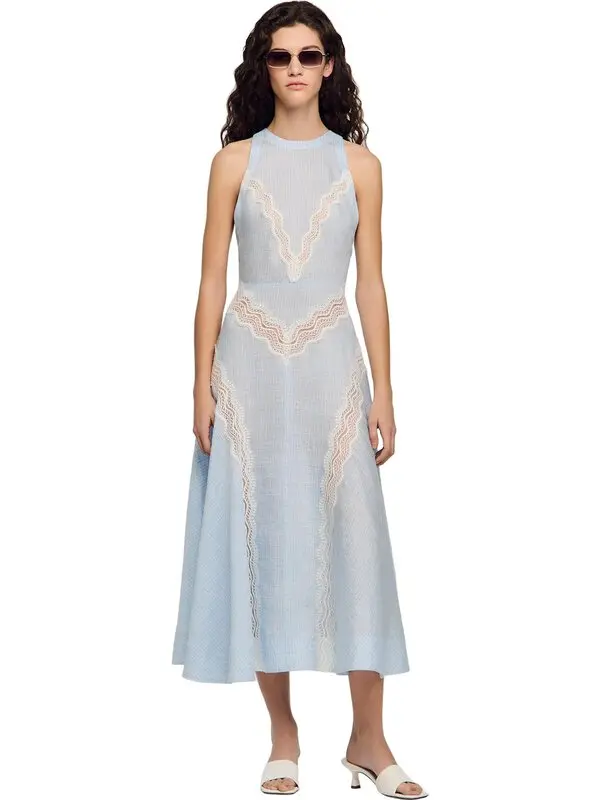 Sandro Linen Blend Maxi Dress With Lace - Ciel / Blanc