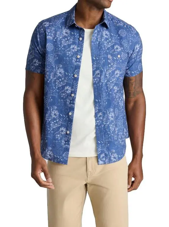 UNTUCKIT Monroe Regular Fit Paisley Summerweight Short Sleeve Cotton & Linen Button-up Shirt - Navy White