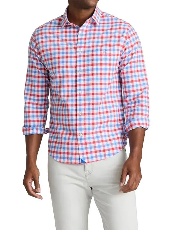 UNTUCKIT Clarkson Regular Fit Check Summerweight Cotton & Linen Button-up Shirt - Red Blue