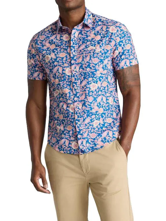 UNTUCKIT Quarry Regular Fit Paisley Summerweight Short Sleeve Cotton & Linen Button-up Shirt - Navy Pink