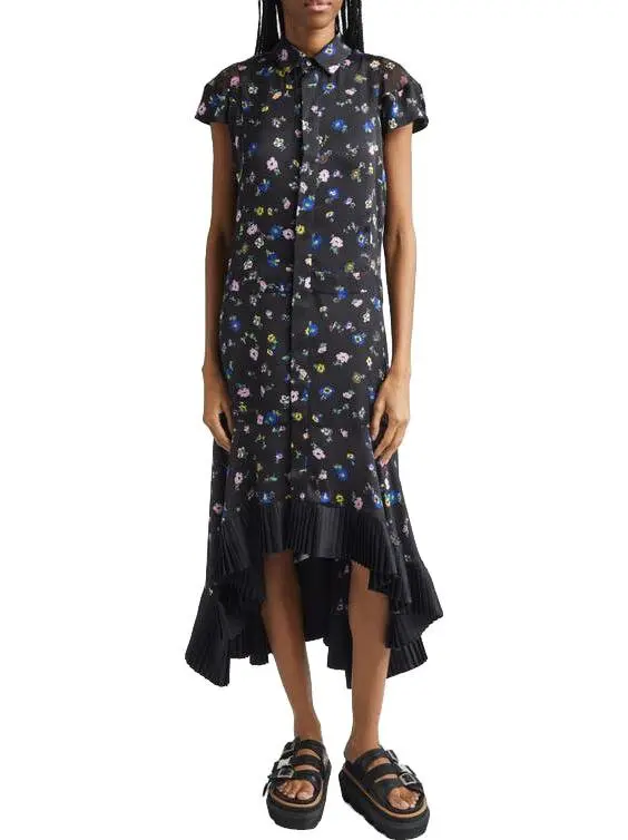 Sacai Floral Print Satin Shirtdress - Black