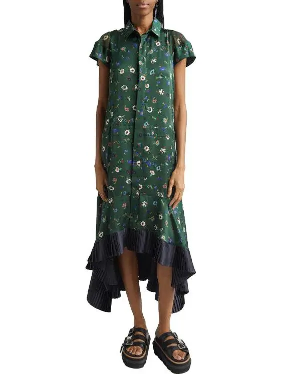 Sacai Floral Print Satin Shirtdress - Green