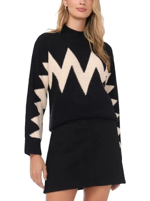 Vince Camuto Zig Zag Motif Mock Neck Sweater - Rich Black