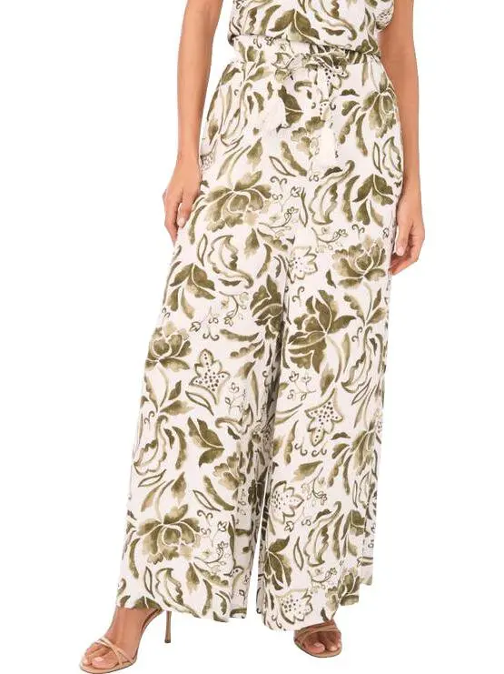 Vince Camuto Floral Wide-leg Drawstring Pants - Olive Mist