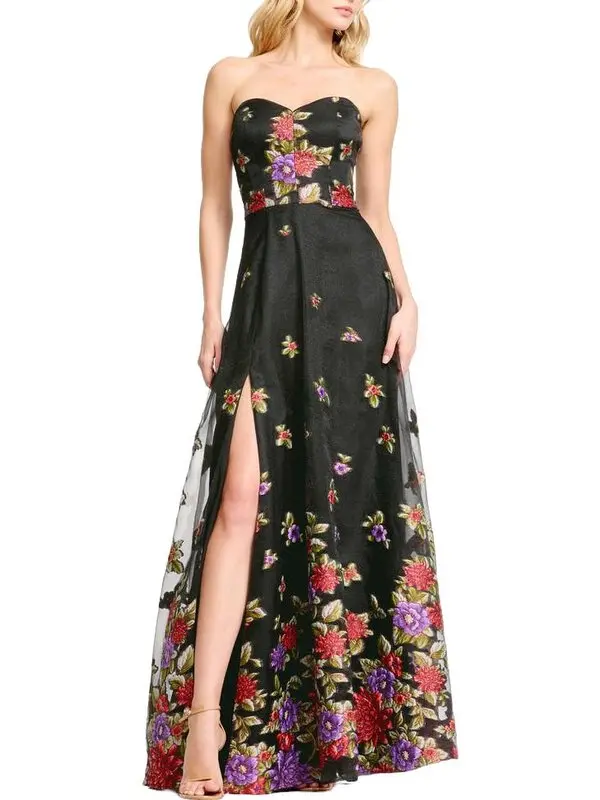 Dress The Population Imogen Floral Strapless Gown - Black Multi