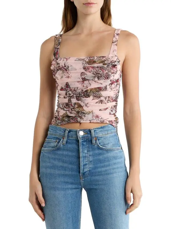 L'Agence Rasha Butterfly & Jungle Print Shirred Tank Top - Light Nectar Pink Butterfly