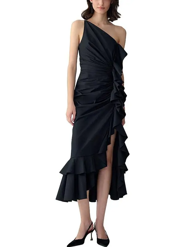 Carolina Herrera One Shoulder Ruched Midi Dress - Black