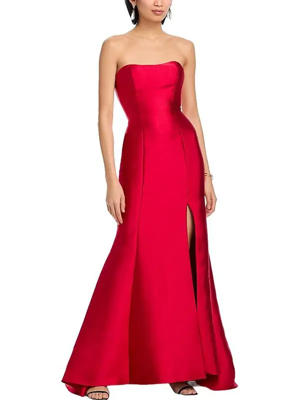 Aqua Mikado Lace Up Back Strapless Gown - Red