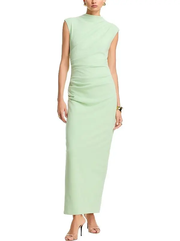 Aqua Long Scuba Crepe Ruched Mock Neck Dress - Honeydew