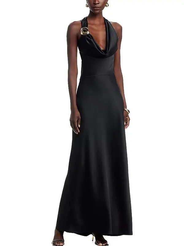 Aqua Long Satin Draped Halter Dress - Black