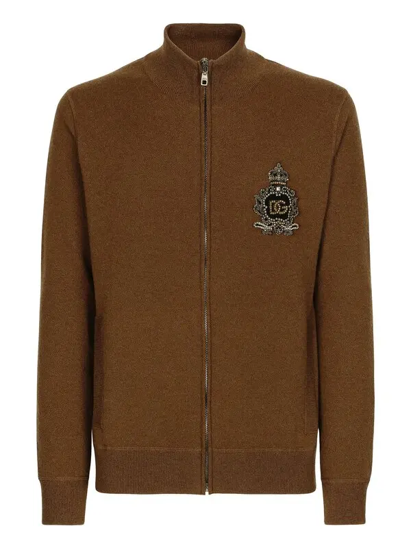 Dolce & Gabbana Wool And Cashmere Knit Zip-up Sweater With Dg Patch - Brown