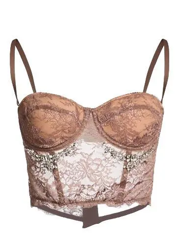 DES_PHEMMES Crop Top With Lace And Crystal Appliqués - Brown