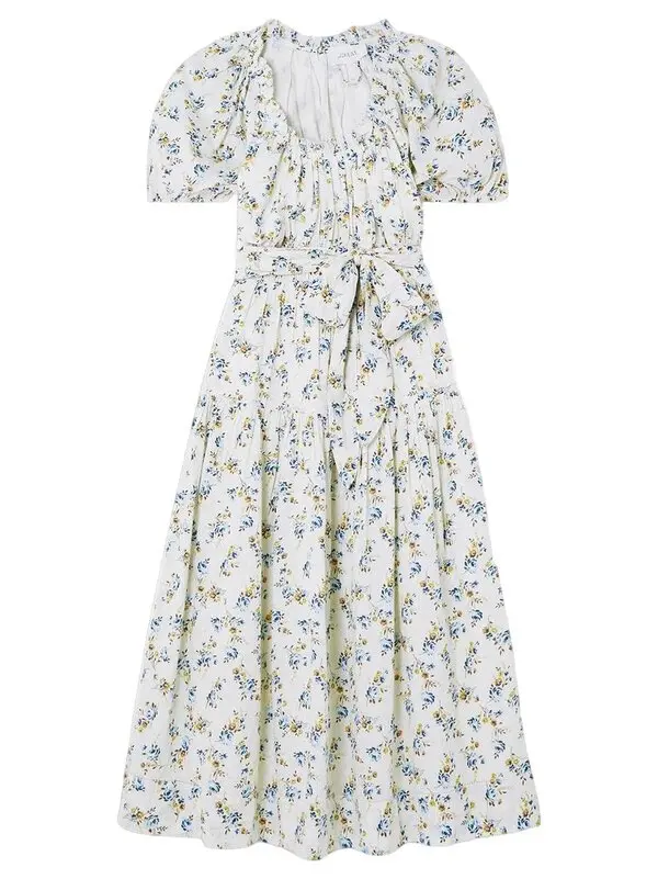 The Great. Moonstone Belted Floral-print Cotton-voile Midi Dress - Blue