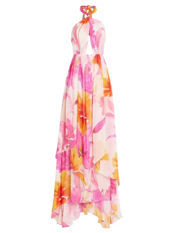 Retrofete Ina Printed Halterneck Maxi Dress - Bright Pink
