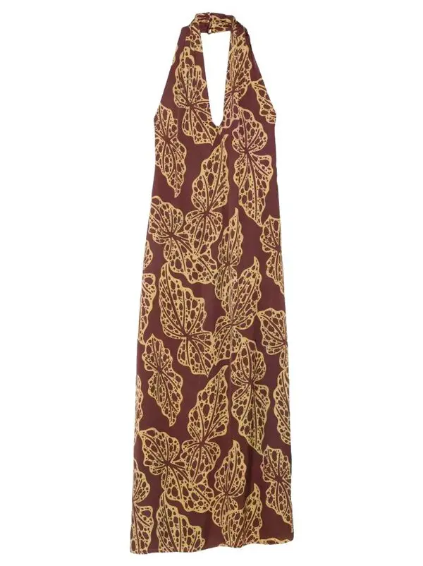 OTTOD'AME Halterneck Leaf-print Maxi Dress - Brown