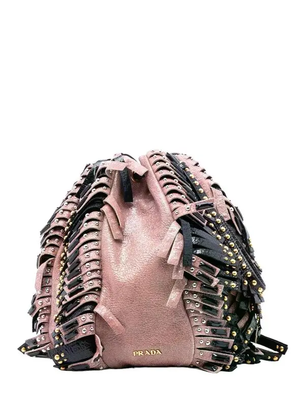Prada Craquele Leather Embellished Fringe Bucket Bag - Pink
