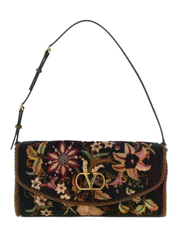 Valentino Garavani Devain Beaded Floral Shoulder Bag - Black