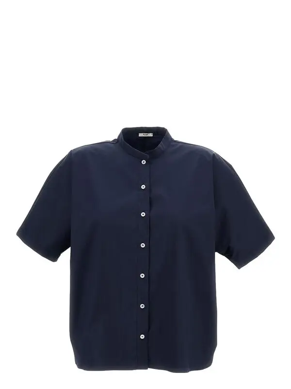 M.S.M. MILANO Cotton Blend Mandarin Collar Shirt - Blue