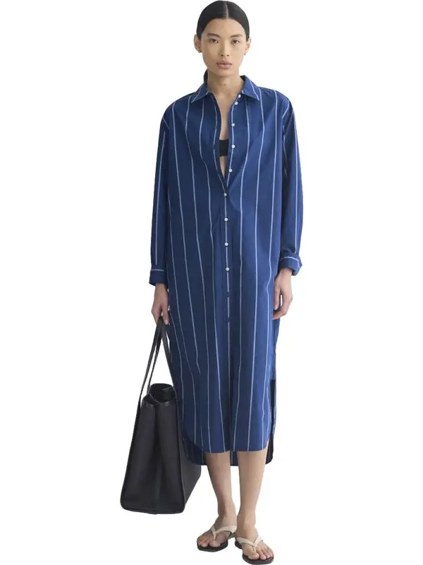 Everlane Midi Shirtdress In Ultrasoft Cotton - Estate Blue/open Air/white