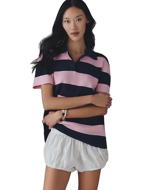 Maeve Boxy Rugby Polo Top - Blue & Pink Stripe